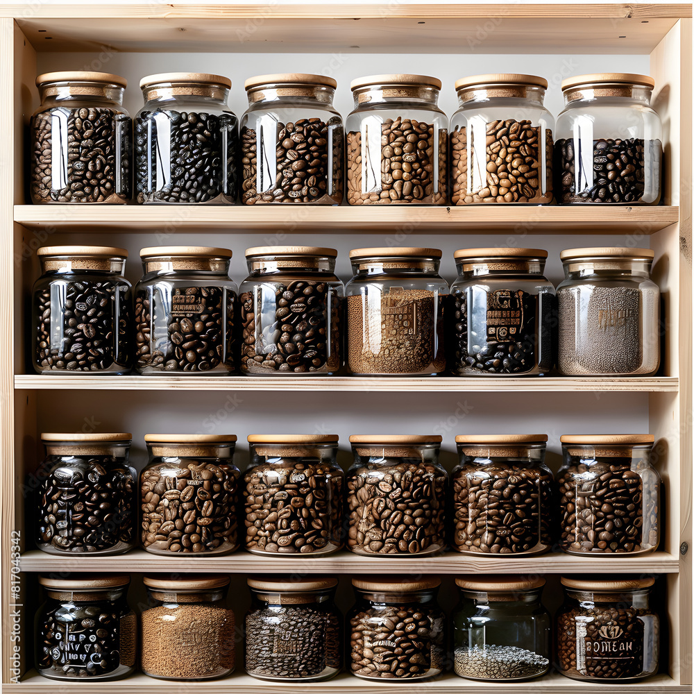 Assorted coffee beans stored in labeled containers on a coffee shop ...