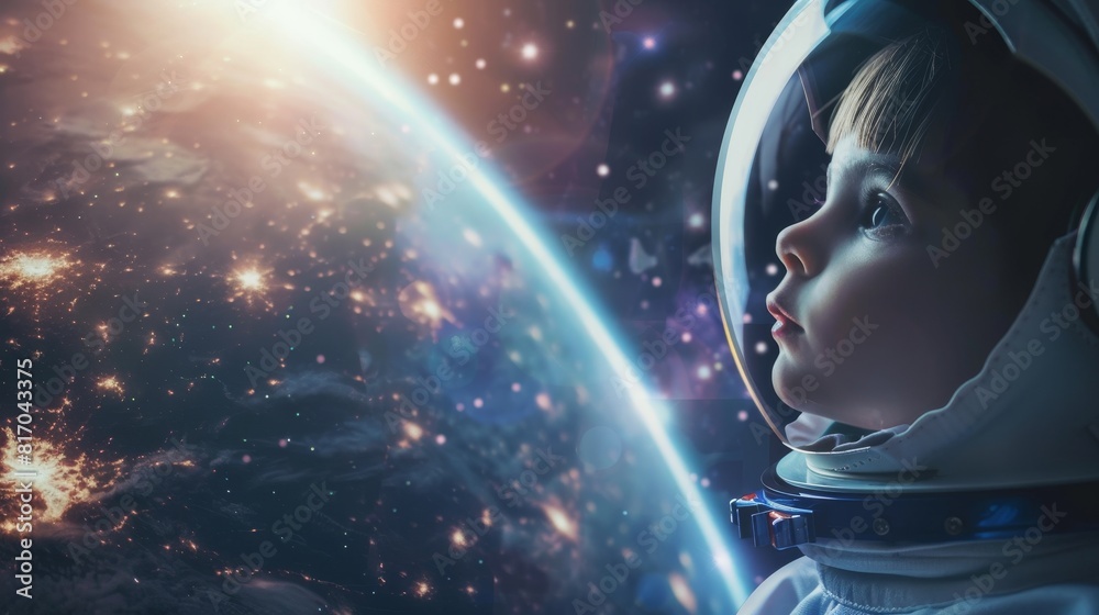 Young child in an astronaut suit navigating space, focus on the ...