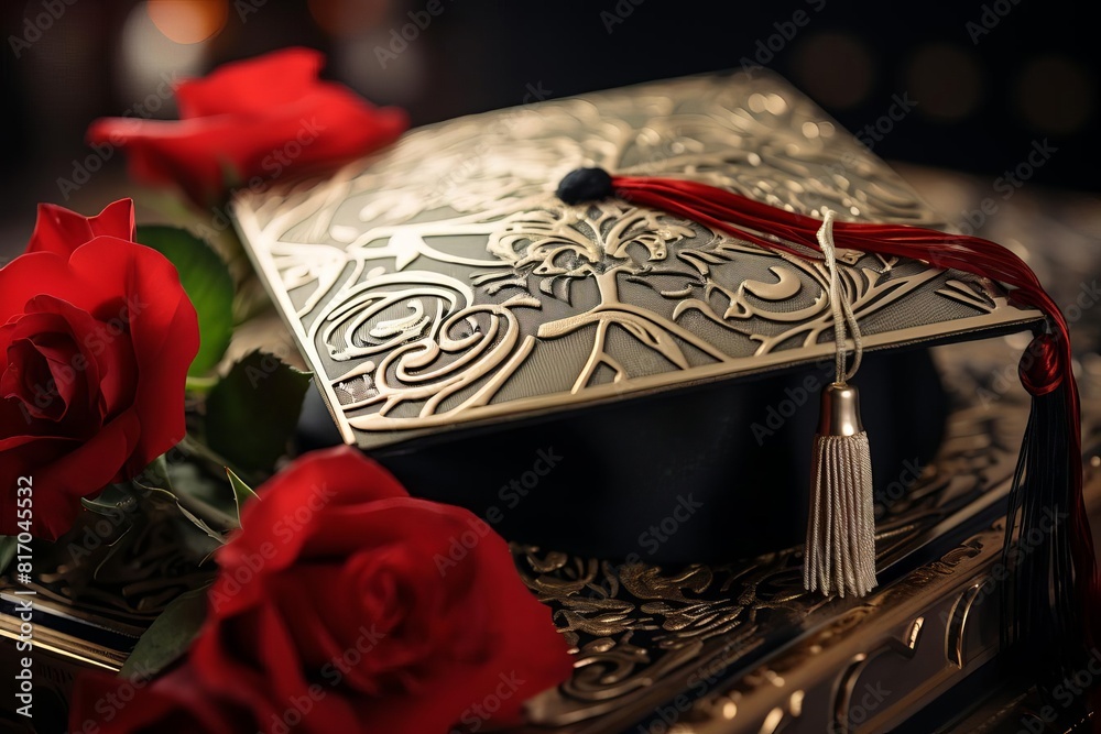 Image shows a graduation cap with red tassel and red roses. Stock ...