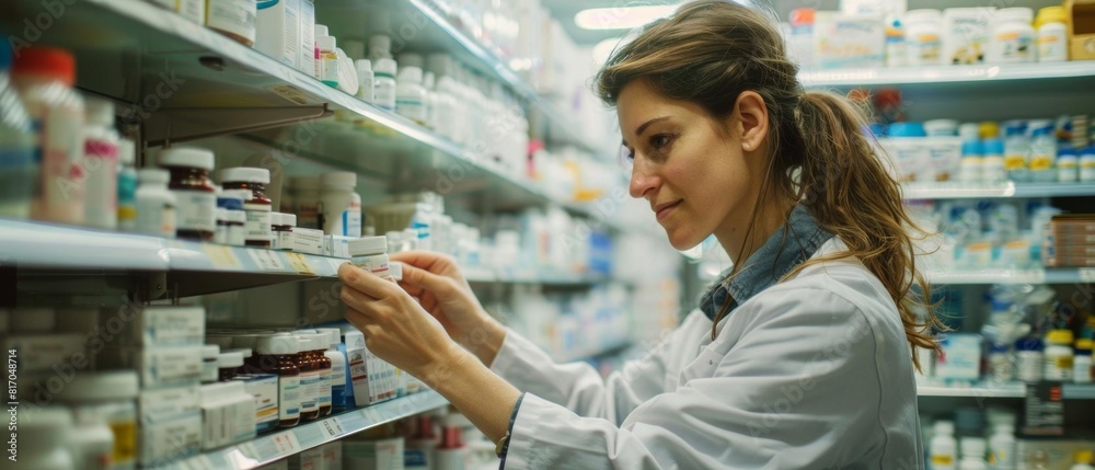 Pharmacist arranging medications in a pharmacy, clear labels and ...