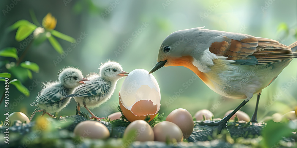 Caring Moment: A mother bird lovingly feeds her hatchling, symbolizing ...