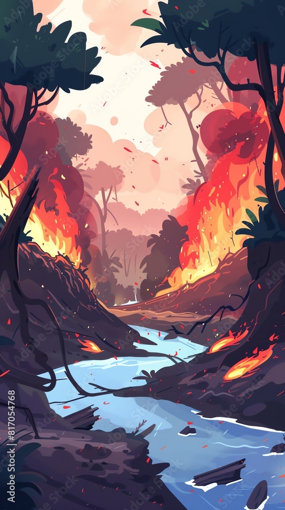 Illustrate a tilted perspective of a forest fire blazing through a once ...
