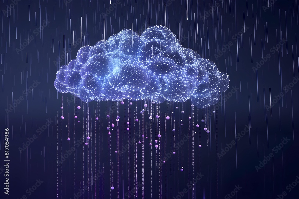 A futuristic depiction of a digital cloud raining data, represented by glowing particles and ...