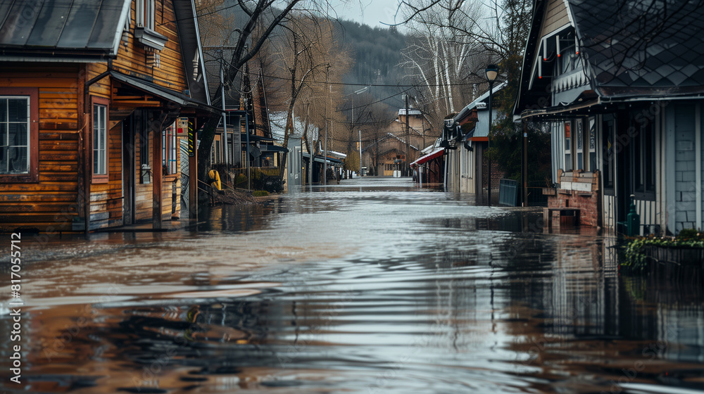 flooding of a road in a small town ground view, spring flood of the ...