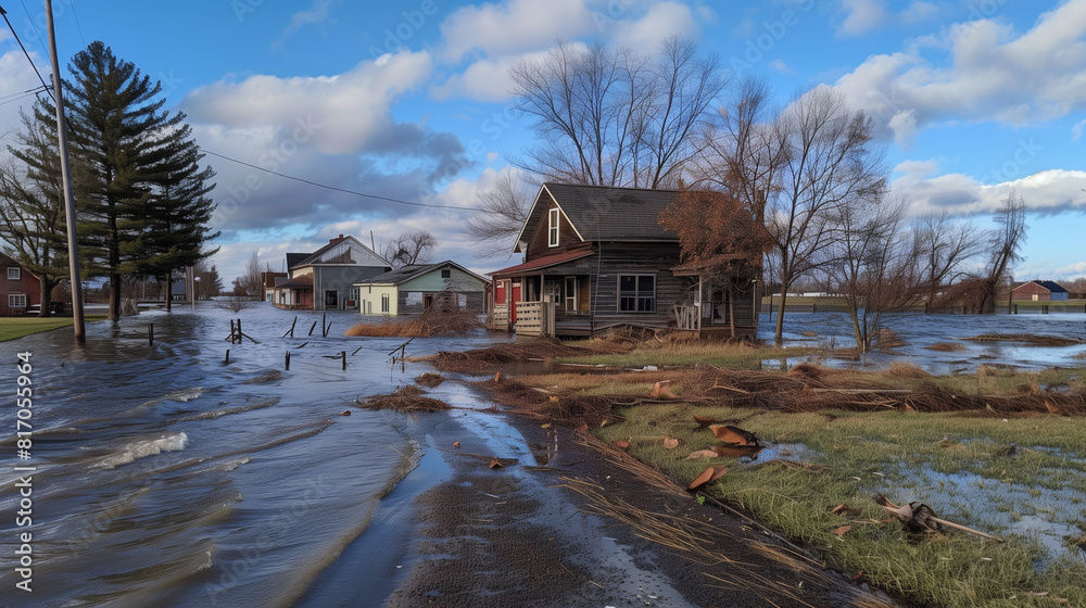 flooding of a road in a small town ground view, spring flood of the ...