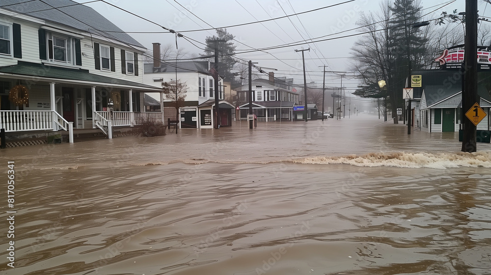 flooding of a road in a small town ground view, spring flood of the ...