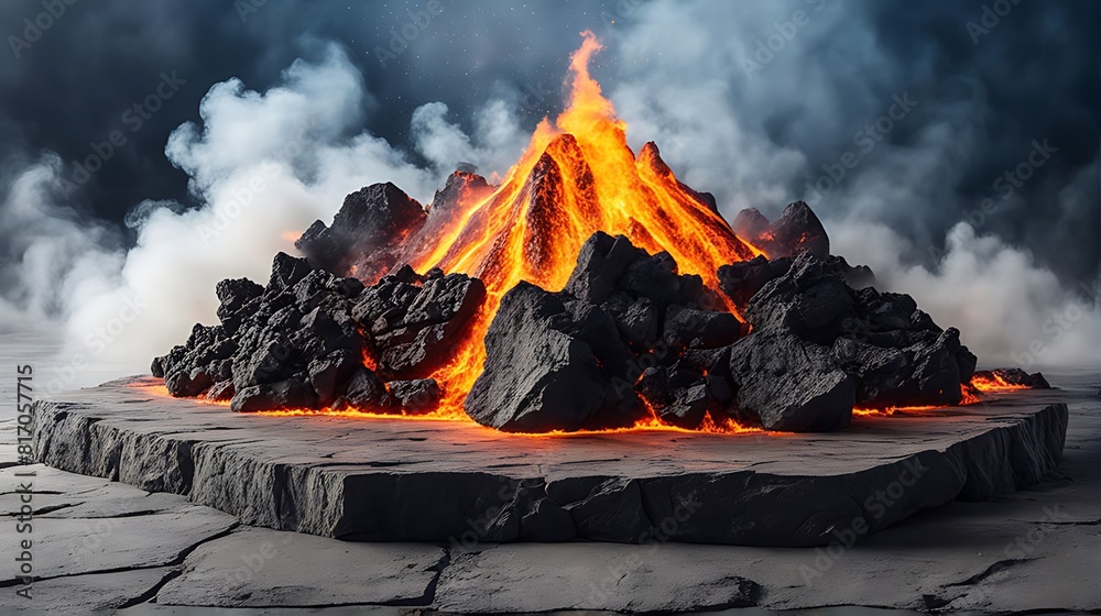 Fire lava podium rock volcano background product magma display 3d scene ...