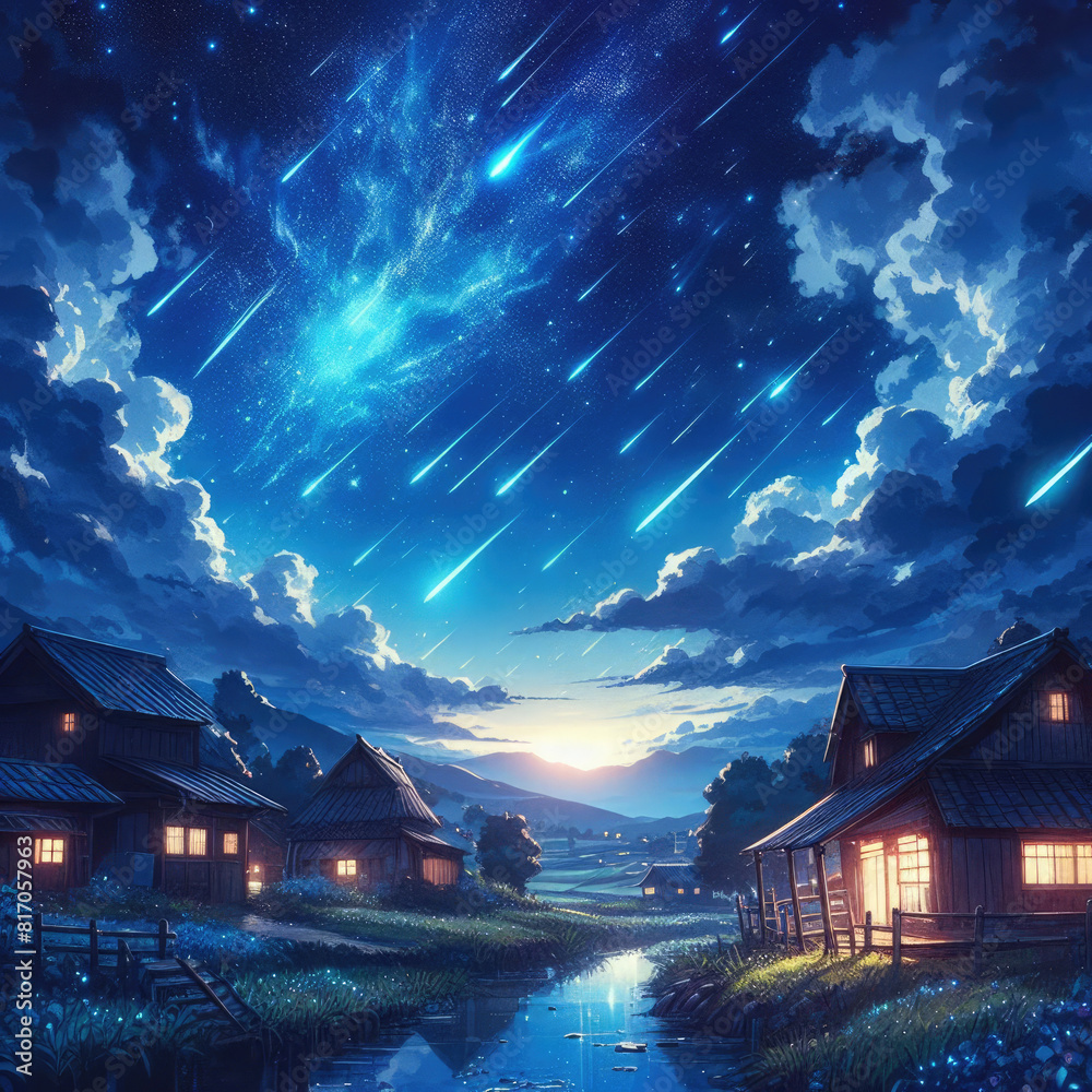Generative AI, the sight of a meteor shower on a beautiful night with a ...