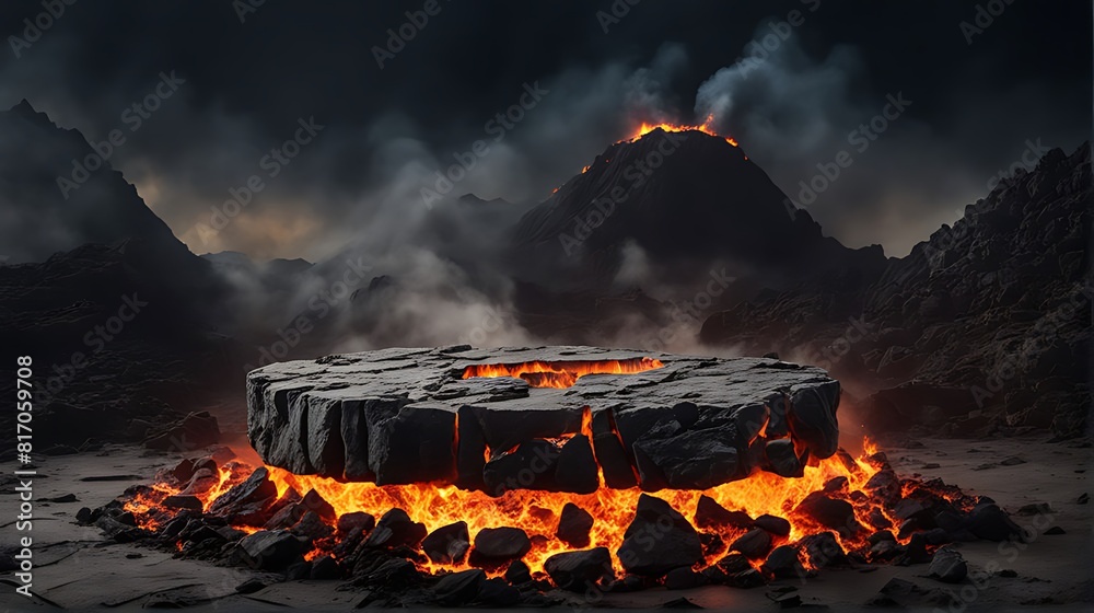 Fire lava podium rock volcano background product magma display 3d scene ...