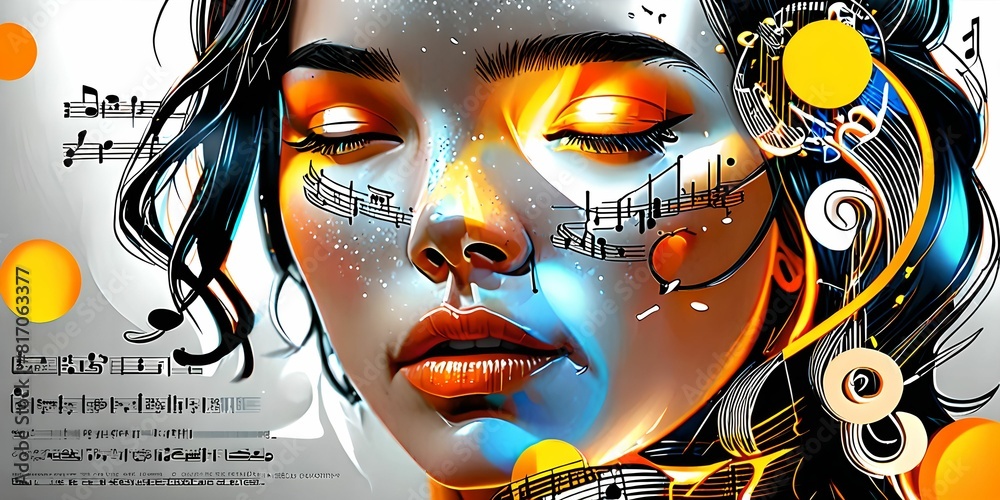 wallpaper representing a woman's face, listening to music with ...