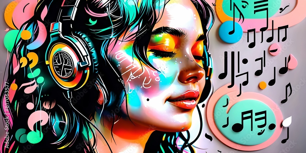 wallpaper representing a woman's face, listening to music with ...