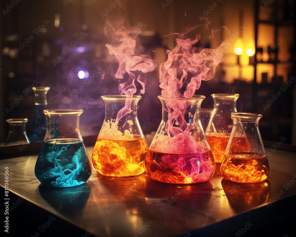 Chemistry reaction setup displaying a colorful exothermic reaction in a ...