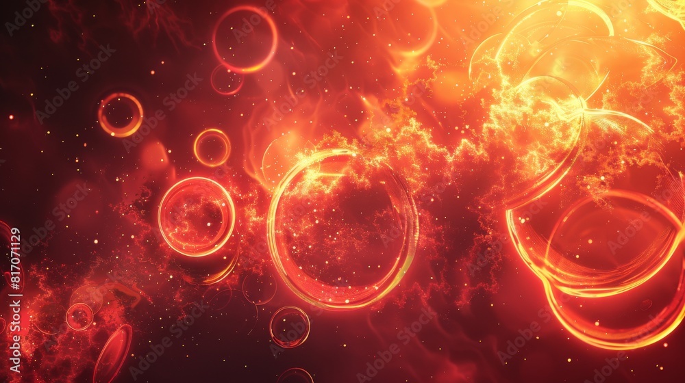 The image shows a fiery orange background with several large and small ...