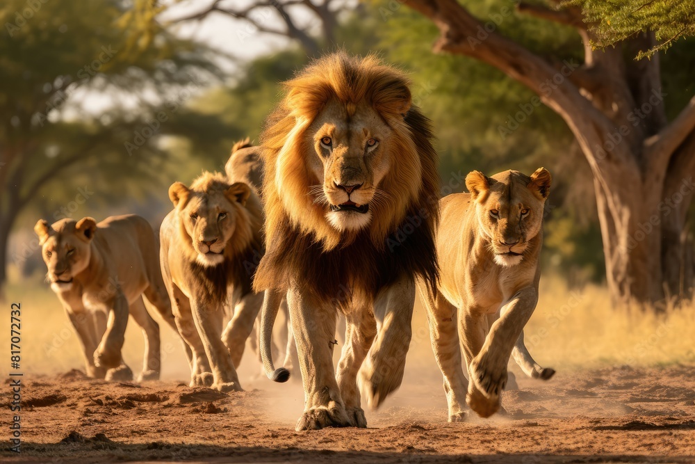 A group of lions, the majestic predators, stride confidently down a ...
