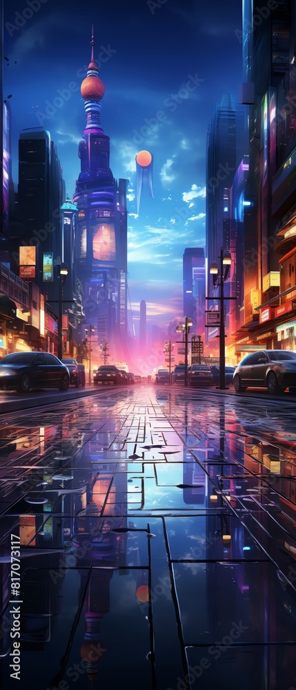 Labeled AI designed public spaces in futuristic city, front view, neon ...