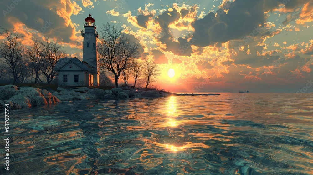 Realistic lighthouse at sunset with clear waters in high-resolution ...