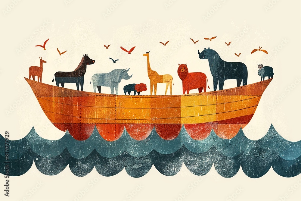 A minimalist illustration of Noah's Ark featuring clean lines, iconic animal pairs, and a soft ...