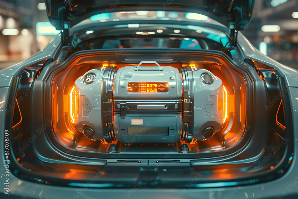 A compact luggage robot fitting neatly into the trunk of a small car ...