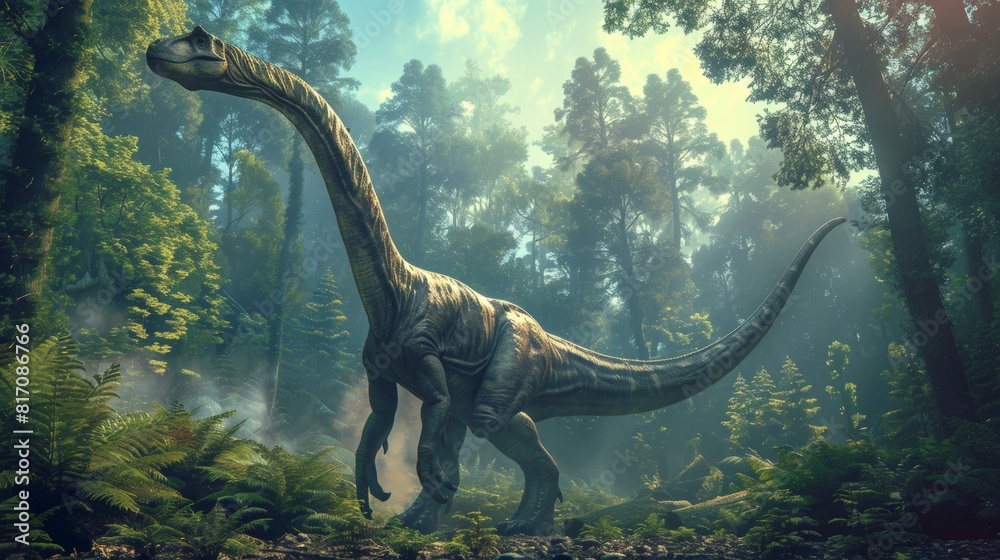 Diplodocus standing in dense forest with lush vegetation and tall trees ...