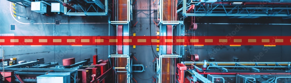 Red warning stripes on factory machinery, top view, marking safety ...