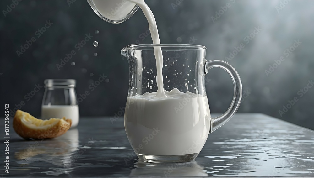 a milk being poured out from the pitcher on the glass table surface ...
