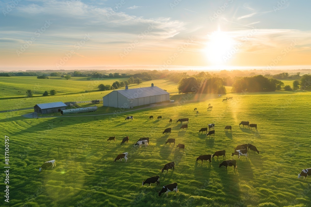 Aerial View of a Dairy Farm at Sunrise with Grazing Cows and Modern ...