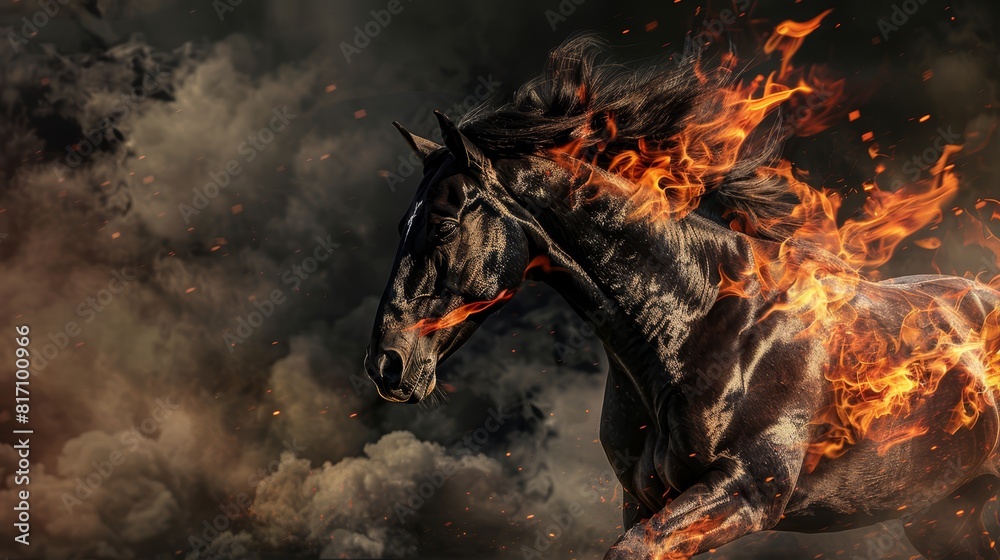 Fiery black horse in dramatic setting, ideal for fantasy themes and ...