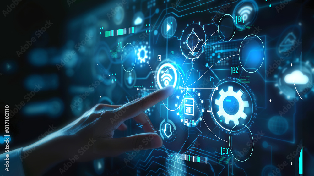 Hand close up, computer coding prompt cyber security computer network ...