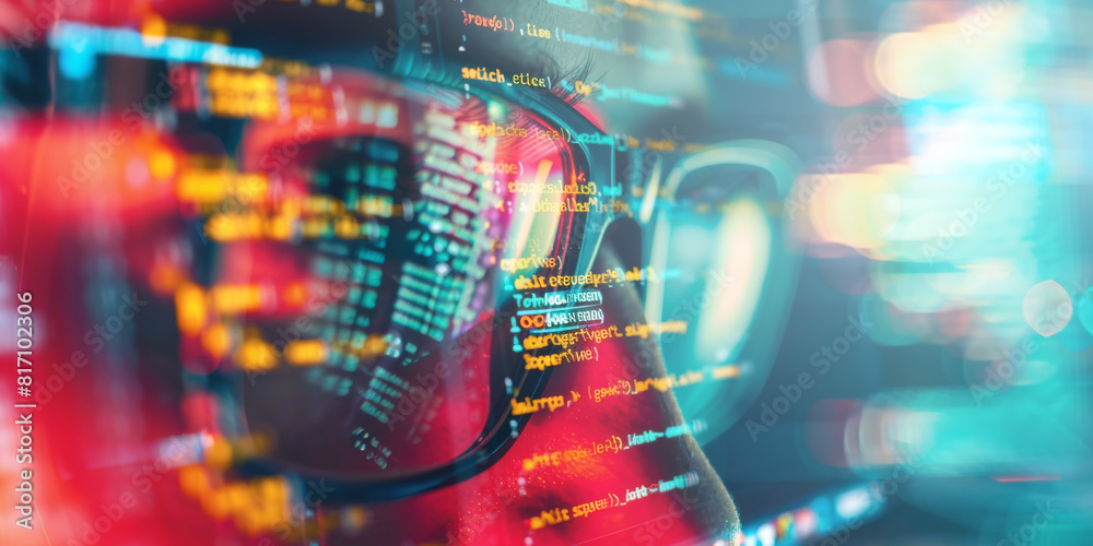 Eye close up on glasses reflect cyber security IT engineer futuristic ...