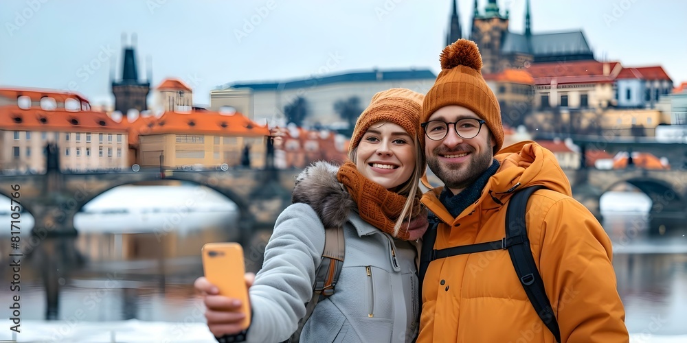 Couple snapping selfie in Prague Czech Republic amid historic city ...