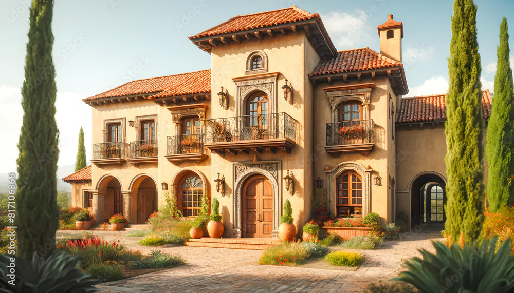 Rustic Mexican colonial style hacienda with a warm and welcoming facade ...
