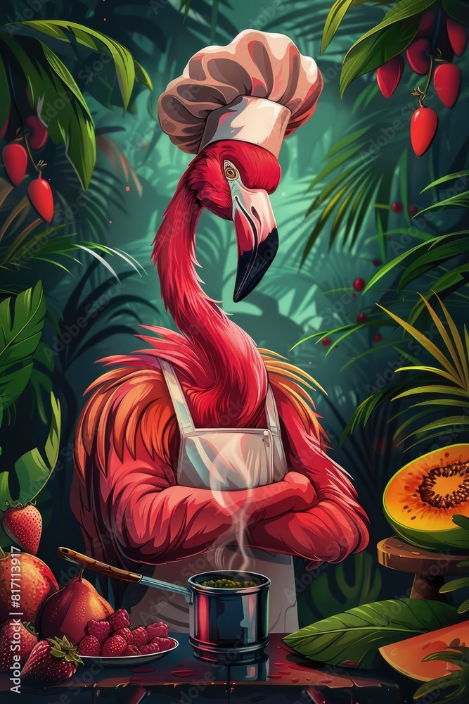 A flamingo chef cooking exotic tropical fruits in a jungle kitchen ...