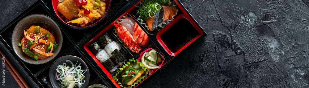 Top view of a traditional Japanese bento box with assorted dishes ...