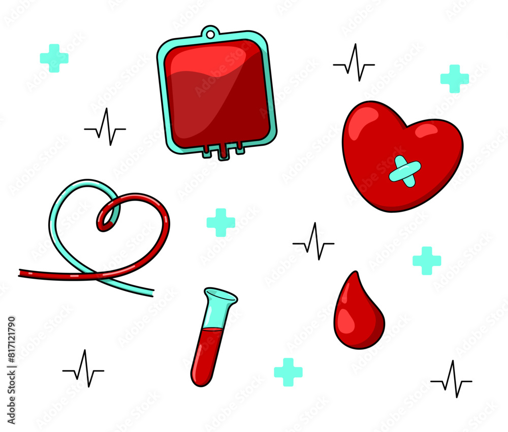 Set of design elements. Blood bag, blood transfusion tube in the shape ...