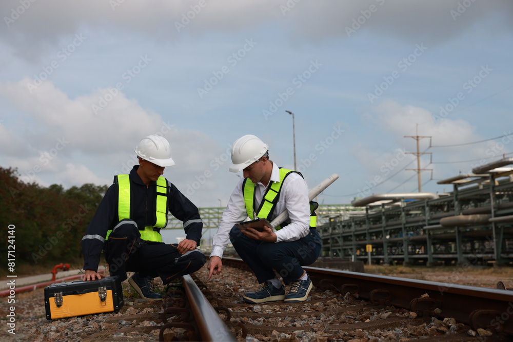 Two male Railway engineers inspect the specifications of the rails with ...