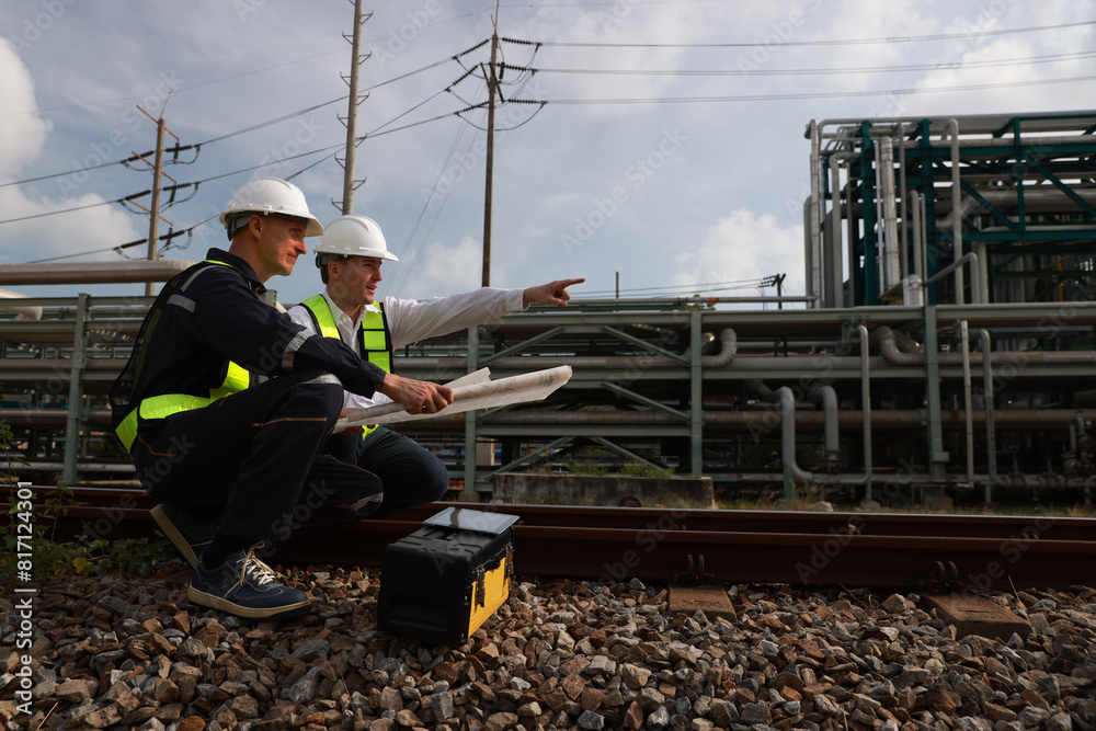 Two male Railway engineers inspect the specifications of the rails with ...