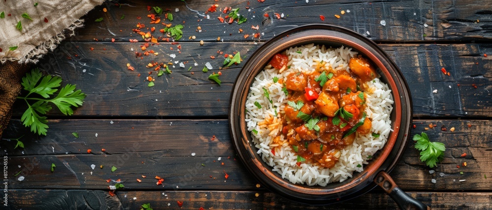 Top view of Caribbean pepperpot with rice, using the rule of thirds ...