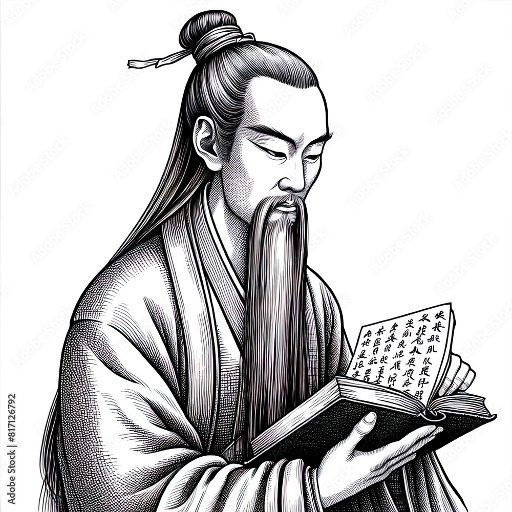 Line art Chinese wiseman, philosopher, scholar reading book. Outline ...