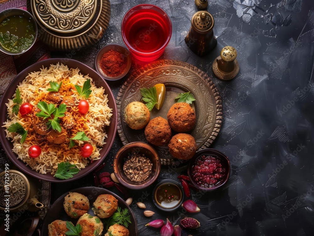 Top view of a traditional Egyptian meal including koshari, falafel, and ...