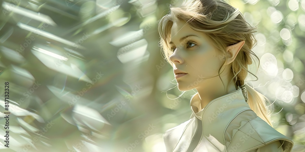 Ethereal Female Elf Warrior in White Leather Armor Amidst Mystical Forest Sunlight. Concept ...