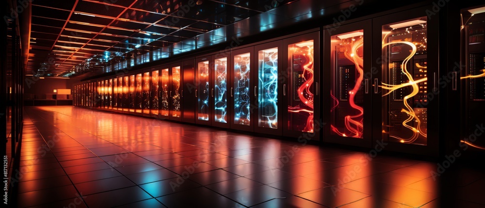 Quantum server room data flow, side view, active red and black swirls ...