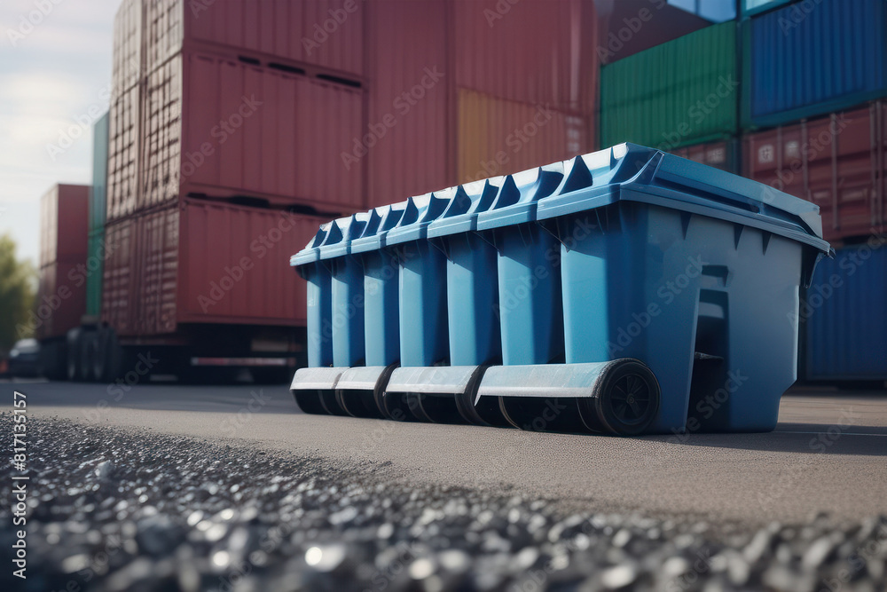 An industrial blue bin with wheels, set against a background of ...
