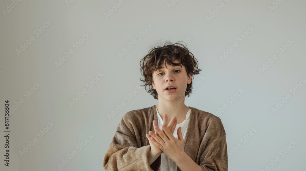 The picture of the interpreter is using the hand signal with the grey ...