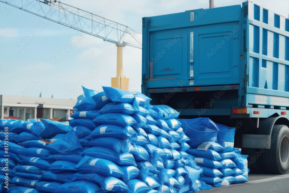 A stack of blue bags next to a truck, symbolizing industrial and ...