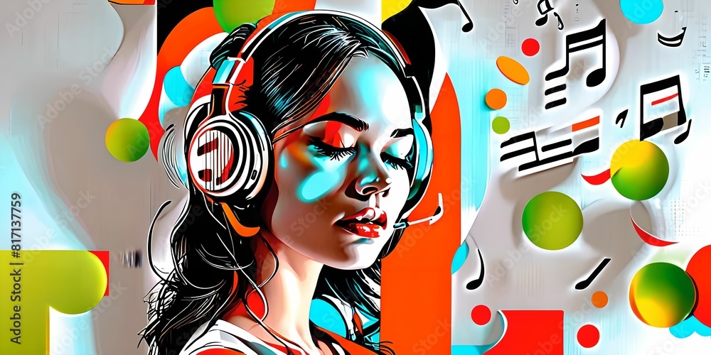 wallpaper representing a woman's face, listening to music with ...