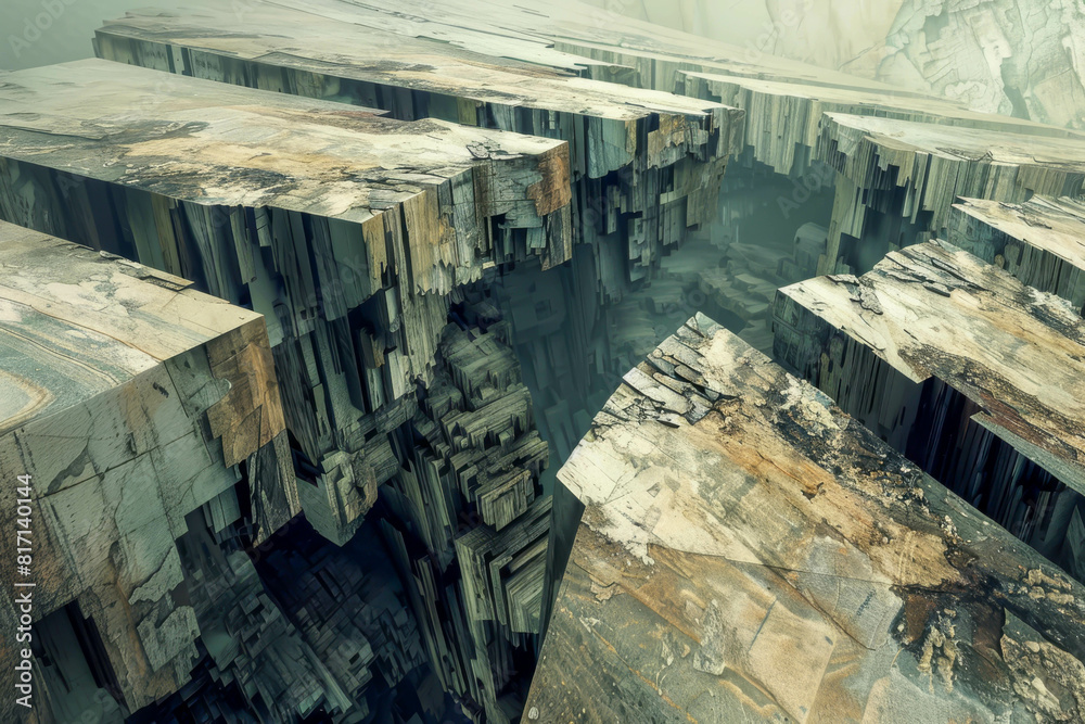 A large rock formation with a large crack in it. The crack is deep and ...