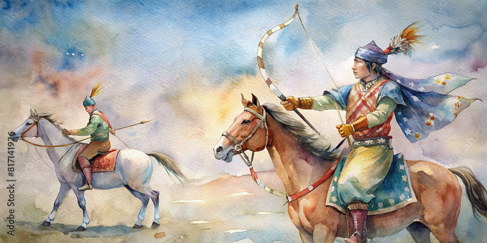 Watercolor painting capturing the cultural richness of Mongolian horse ...