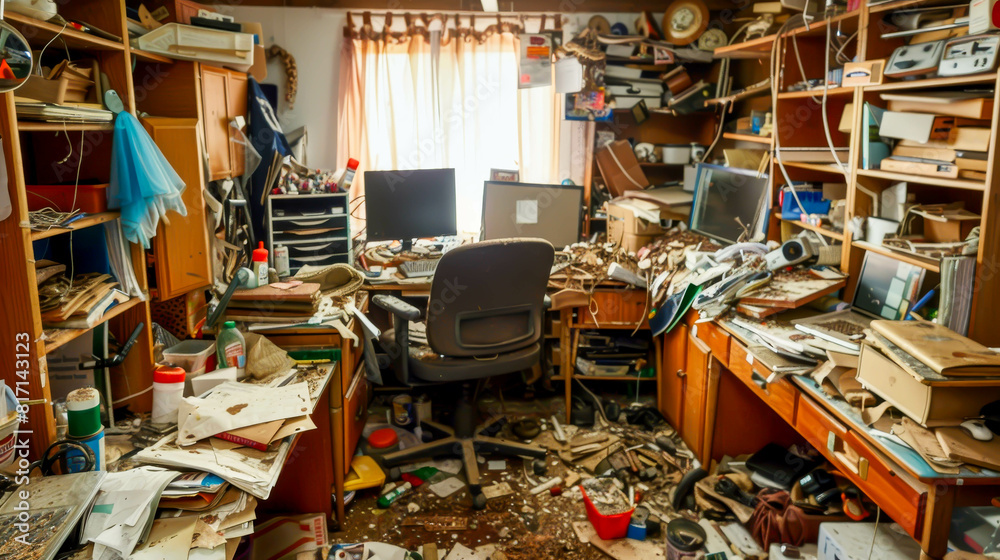 A messy room with a desk and chair. The desk is cluttered with papers ...