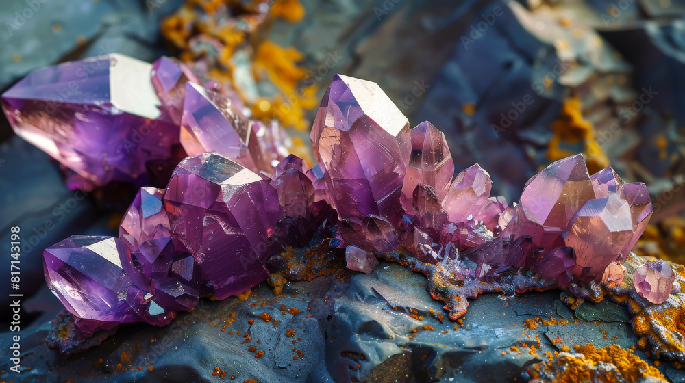 A cluster of purple crystals on a rock. The crystals are large and have ...
