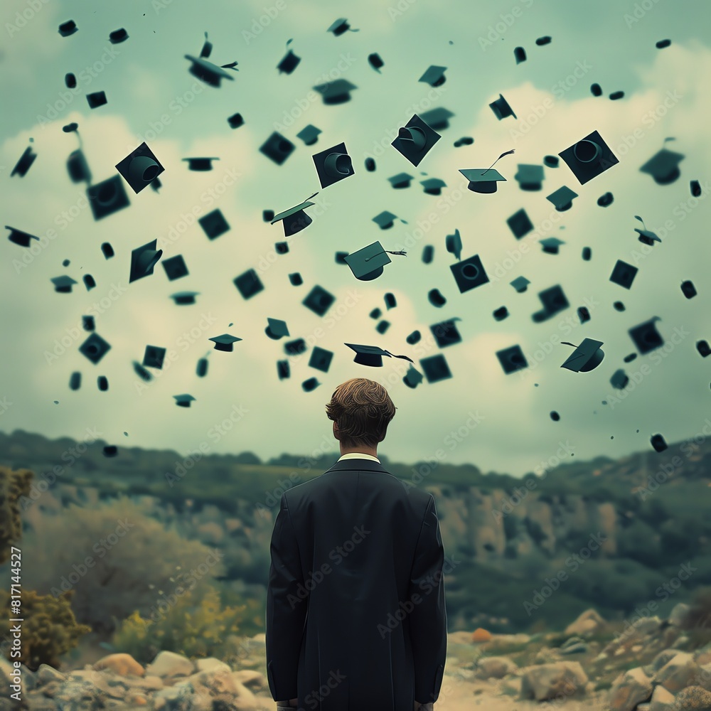 Sky filled with flying graduate hats, scrupulous Master in focus, low ...